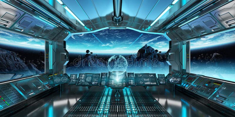 Spaceship Interior with View on the Planet Earth 3D Rendering Elements ...