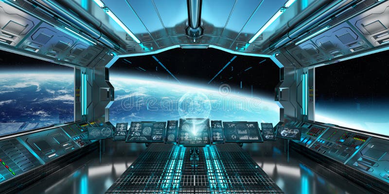 Spaceship Interior with View on the Planet Earth 3D Rendering Elements ...