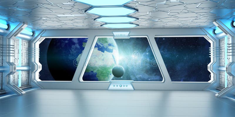 Spaceship Interior with View on the Planet Earth 3D Rendering Elements ...
