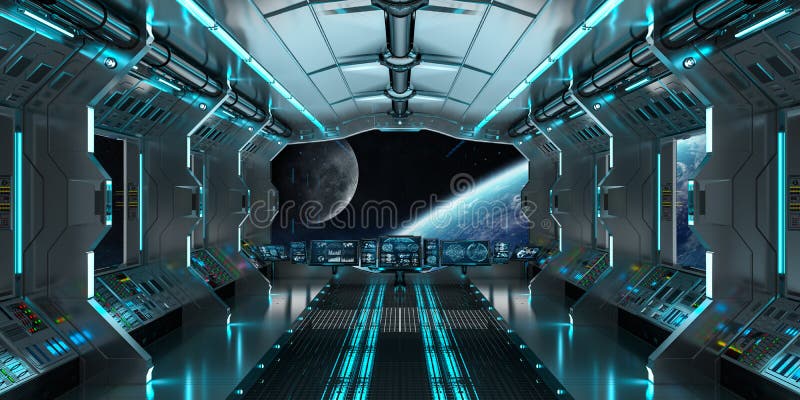 Spaceship Interior with View on the Planet Earth 3D Rendering Elements ...