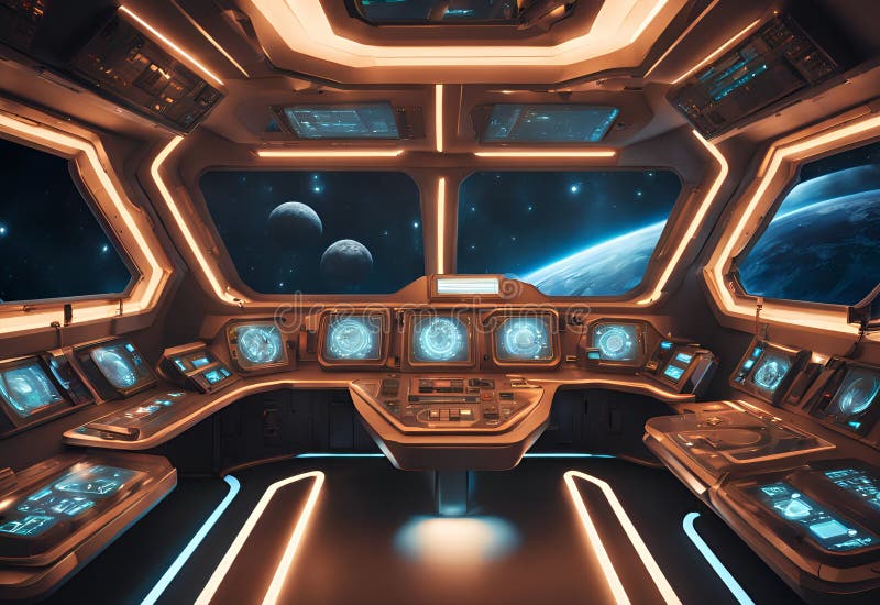 Spaceship Interior with View on Space and Stars 3d Rendering Stock ...