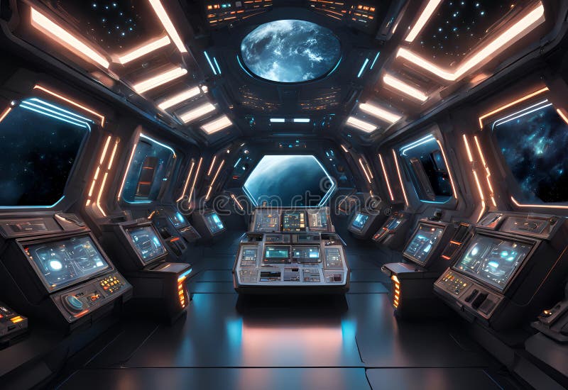 Spaceship Interior with View on Space and Stars 3d Rendering Stock ...