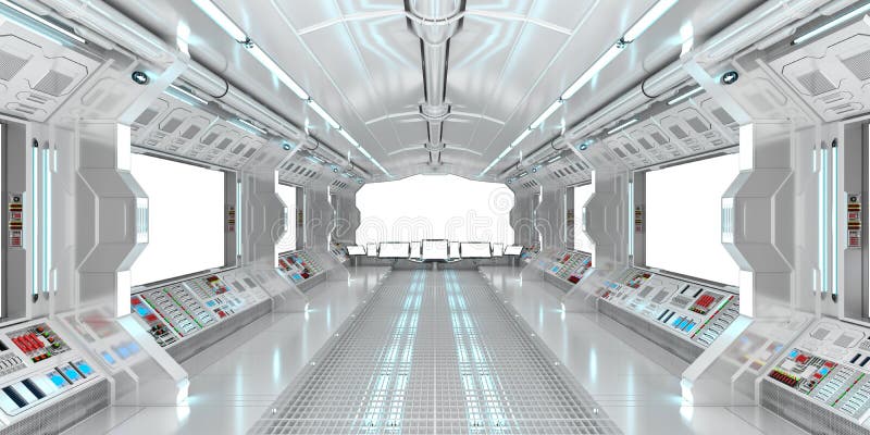 Spaceship Interior with View on White Windows 3D Rendering Stock ...