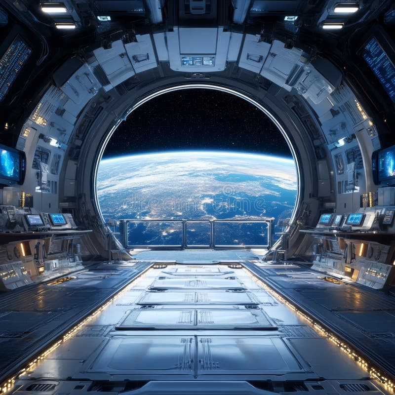 Spaceship Interior with Window View on the Planet Earth 3D Rendering ...