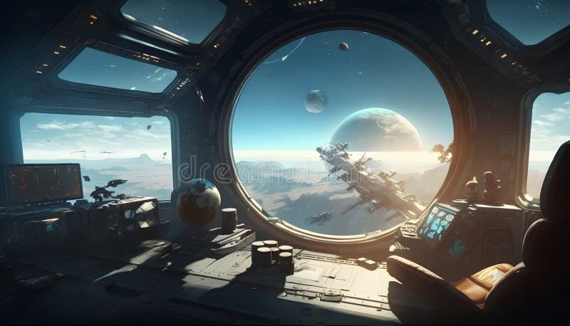 Spaceship Interior with Window View on the Planet Earth. 3D Rendering ...