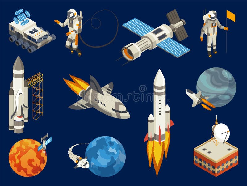 Spaceship Isometric. Space Elements Set with Earth Planet, Astronauts ...