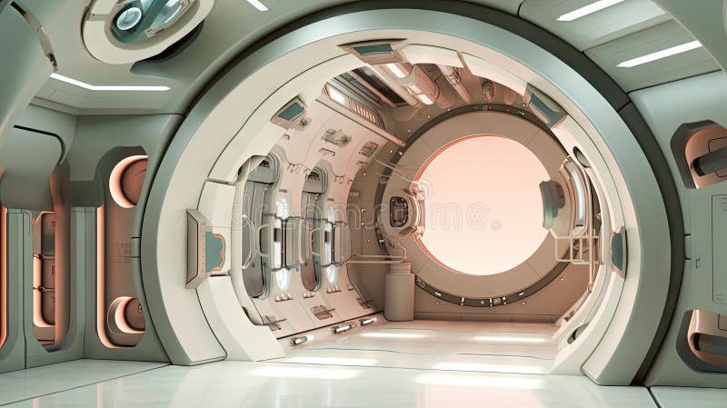 Spaceship or Lab Interior in Retro Futuristic Sci-fi Style with Round ...