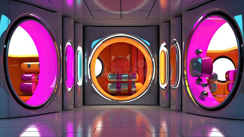 Spaceship or Lab Interior in Retro Futuristic Sci-fi Style with Round ...