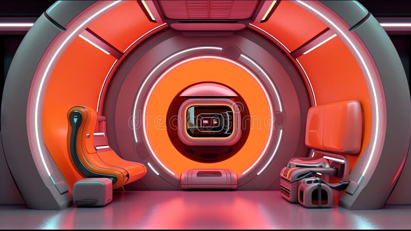Spaceship or Lab Interior in Retro Futuristic Sci-fi Style with Round ...