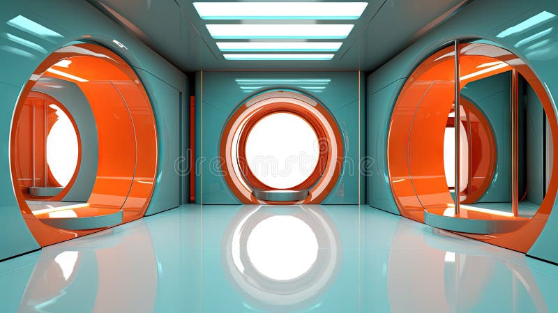 Spaceship or Lab Interior in Retro Futuristic Sci-fi Style with Round ...