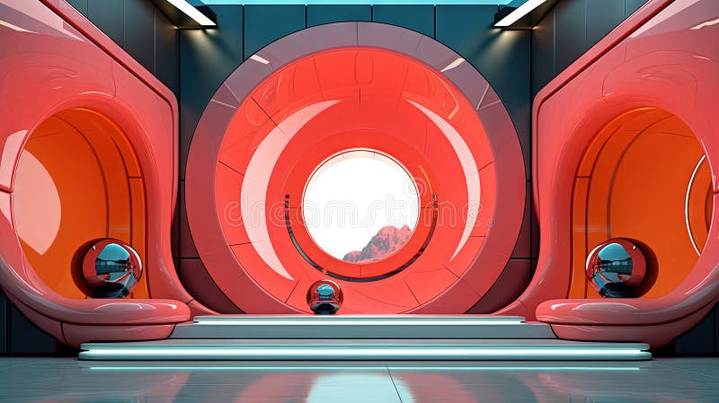 Spaceship or Lab Interior in Retro Futuristic Sci-fi Style with Round ...