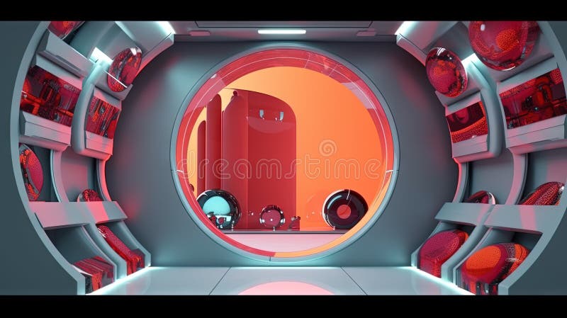 Spaceship or Lab Interior in Retro Futuristic Sci-fi Style with Round ...