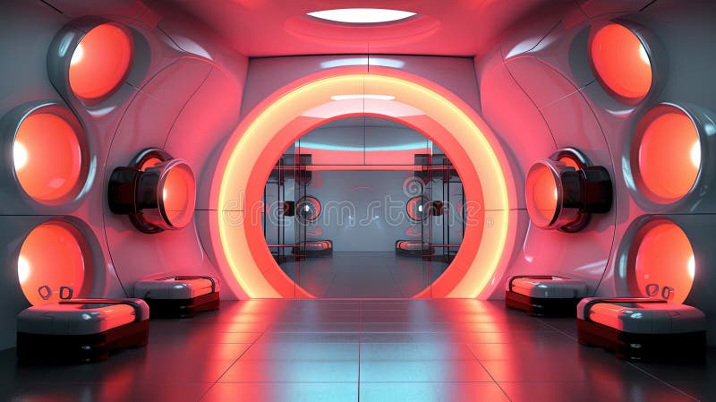 Spaceship or Lab Interior in Retro Futuristic Sci-fi Style with Round ...