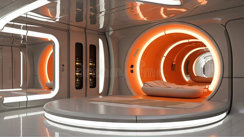 Spaceship or Lab Interior in Retro Futuristic Sci-fi Style with Round ...