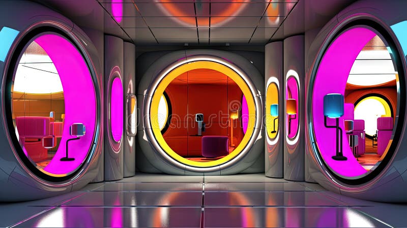 Spaceship or Lab Interior in Retro Futuristic Sci-fi Style with Round ...