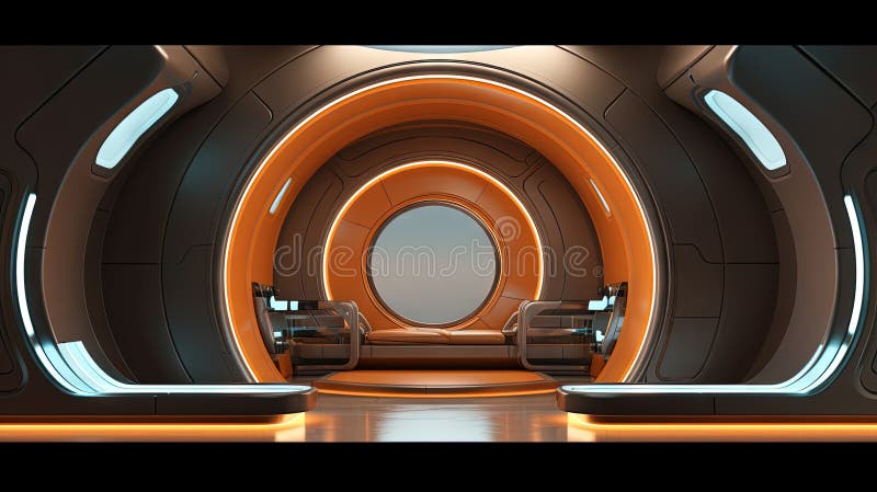 Spaceship or Lab Interior in Retro Futuristic Sci-fi Style with Round ...