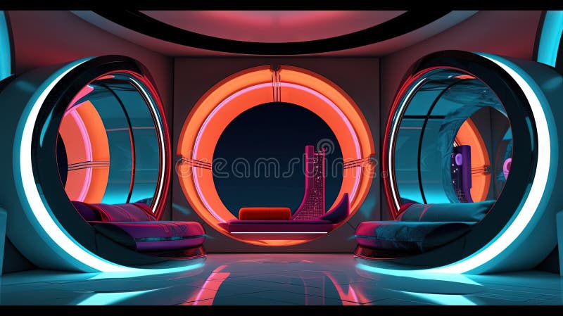 Spaceship or Lab Interior in Retro Futuristic Sci-fi Style with Round ...
