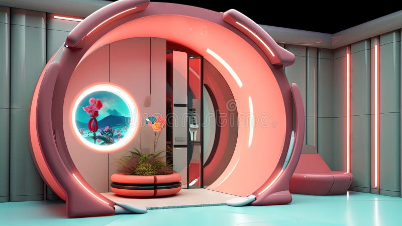 Spaceship or Lab Interior in Retro Futuristic Sci-fi Style with Round ...