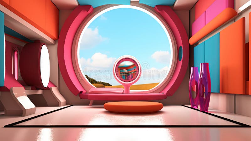Spaceship or Lab Interior in Retro Futuristic Sci-fi Style with Round ...