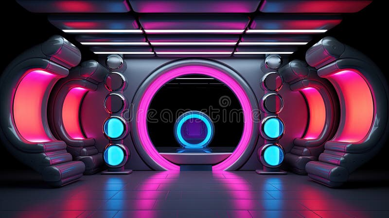 Spaceship or Lab Interior in Retro Futuristic Sci-fi Style with Round ...