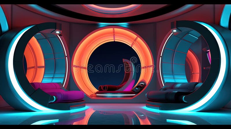 Spaceship or Lab Interior in Retro Futuristic Sci-fi Style with Round ...