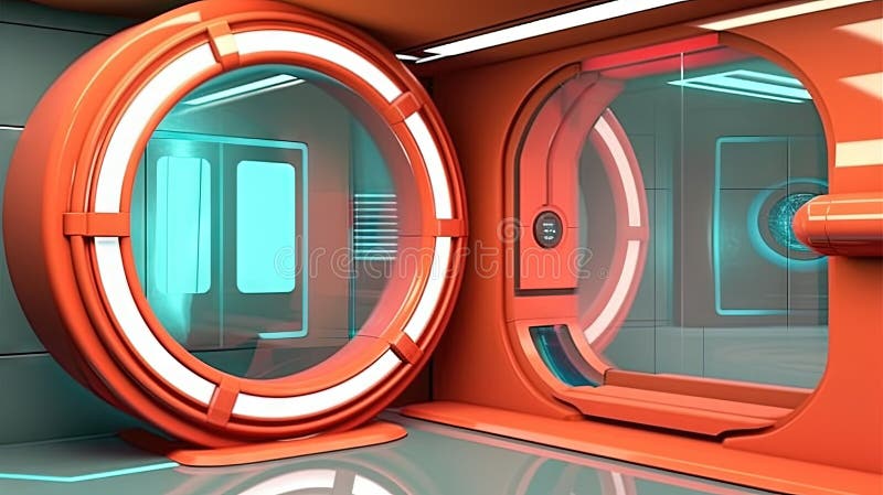 Spaceship or Lab Interior in Retro Futuristic Sci-fi Style with Round ...