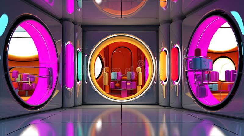 Spaceship or Lab Interior in Retro Futuristic Sci-fi Style with Round ...