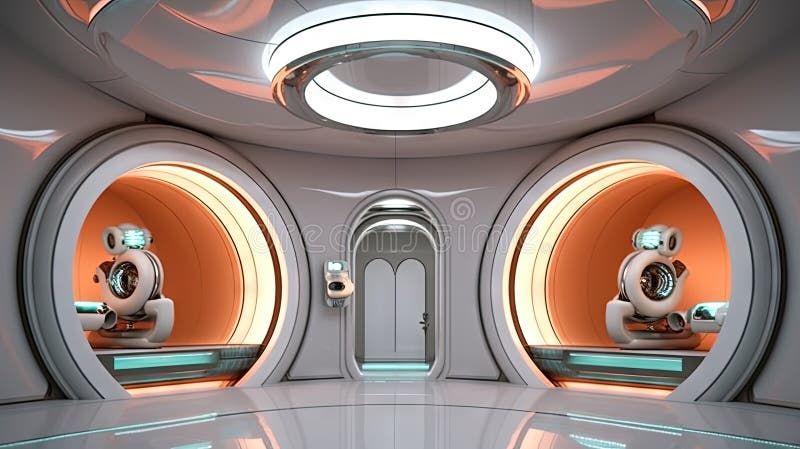 Spaceship or Lab Interior in Retro Futuristic Sci-fi Style with Round ...