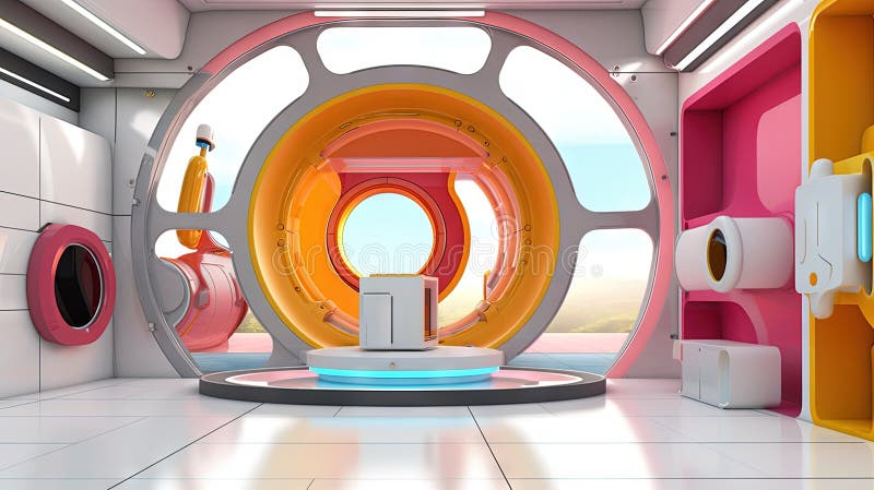 Spaceship or Lab Interior in Retro Futuristic Sci-fi Style with Round ...