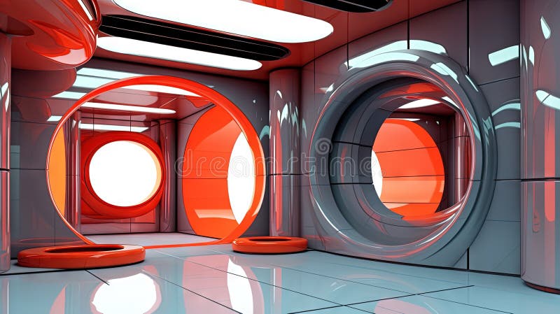 Spaceship or Lab Interior in Retro Futuristic Sci-fi Style with Round ...