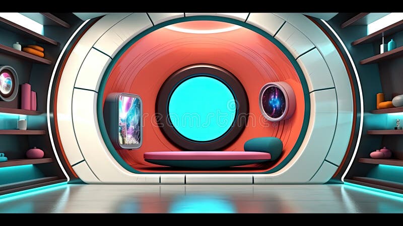 Spaceship or Lab Interior in Retro Futuristic Sci-fi Style with Round ...