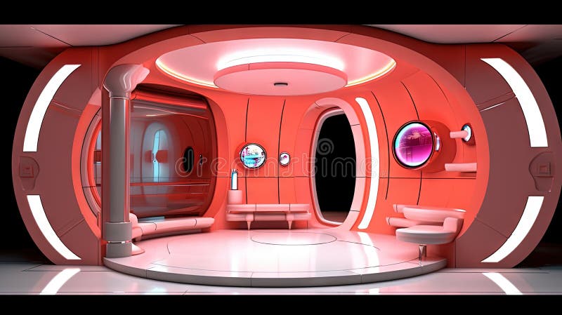 Spaceship or Lab Interior in Retro Futuristic Sci-fi Style with Round ...