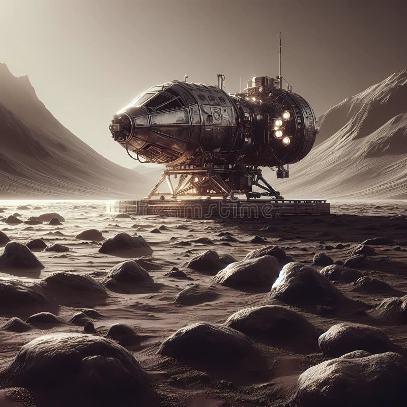 A Spaceship Lands on a Desolate Landscape. Stock Illustration ...