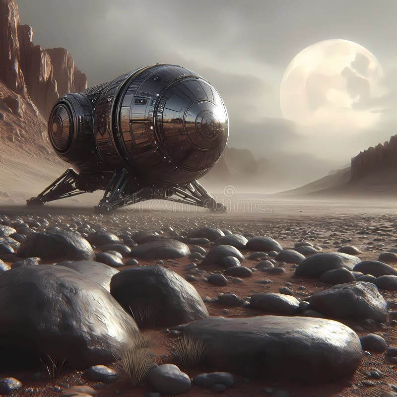 A Spaceship Lands on a Desolate Landscape. Stock Illustration ...