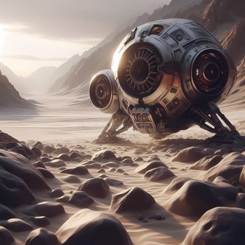 A Spaceship Lands on a Desolate Landscape. Stock Illustration ...