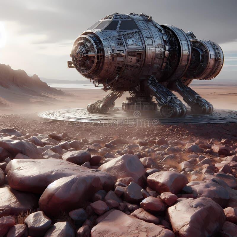 A Spaceship Lands on a Desolate Landscape. Stock Illustration ...