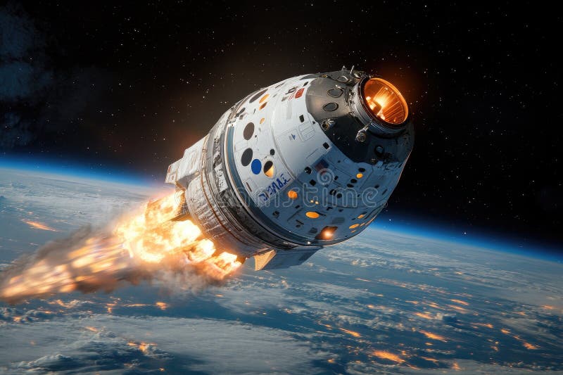 Spacecraft Reentry Over Earth at Night Stock Illustration ...