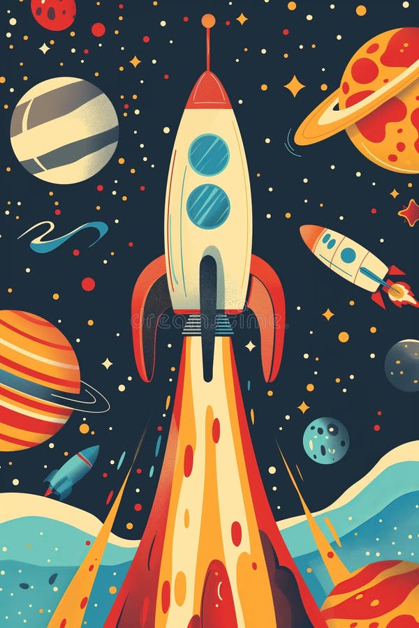 Spaceship Launching To Explore Colorful Galaxy with Planets Stock Illustration - Illustration of ...