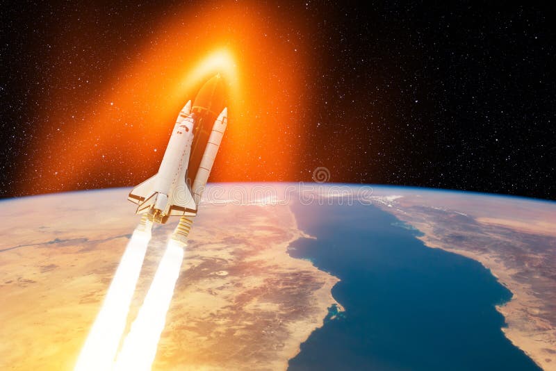 Spaceship Lift Off. Glowing Space Shuttle with Smoke and Blast Takes ...