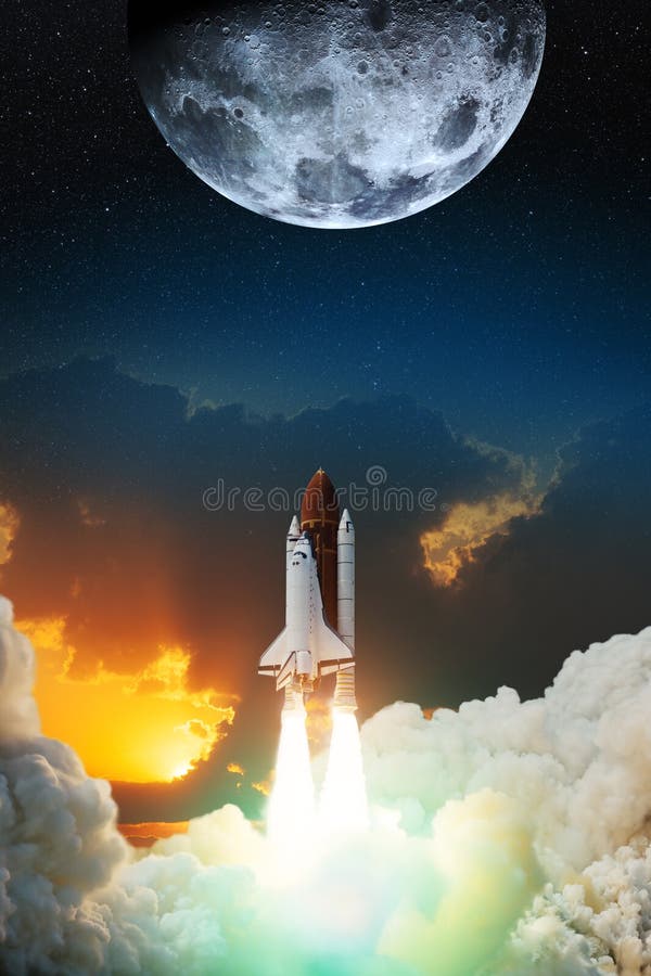 Spaceship Lift Off. Space Shuttle with Smoke and Blast Takes Off into ...