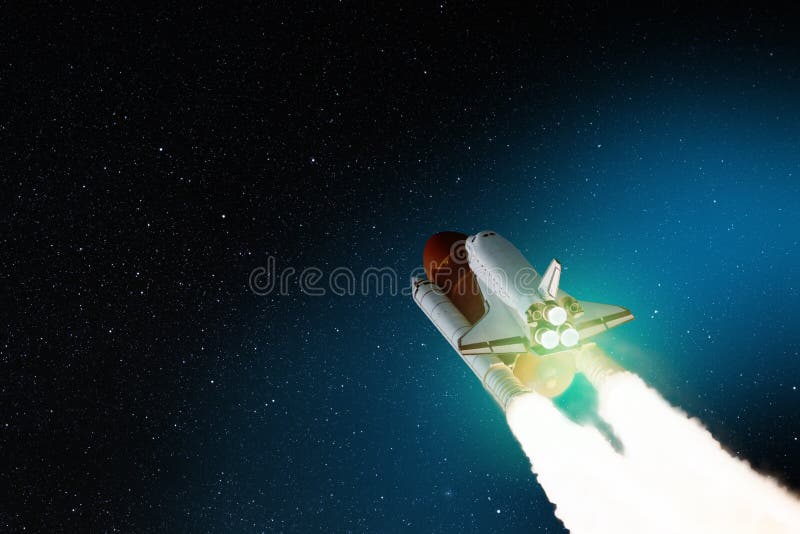 Spaceship Lift Off. Space Shuttle with Smoke and Blast Takes Off into ...