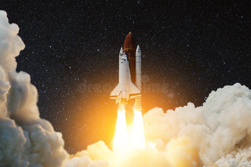 Spaceship Lift Off. Space Shuttle with Smoke and Blast Takes Off into ...