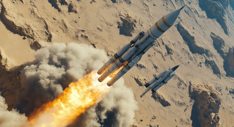 A Spaceship is Lifting Off from a Desert Base Surrounded by a Dust ...