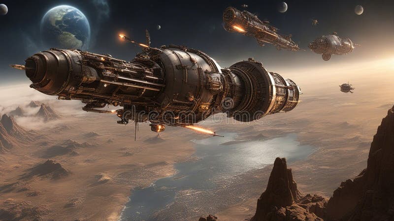 Spaceship and Moon _A Steampunk Space Battle in Outer Space Over the ...