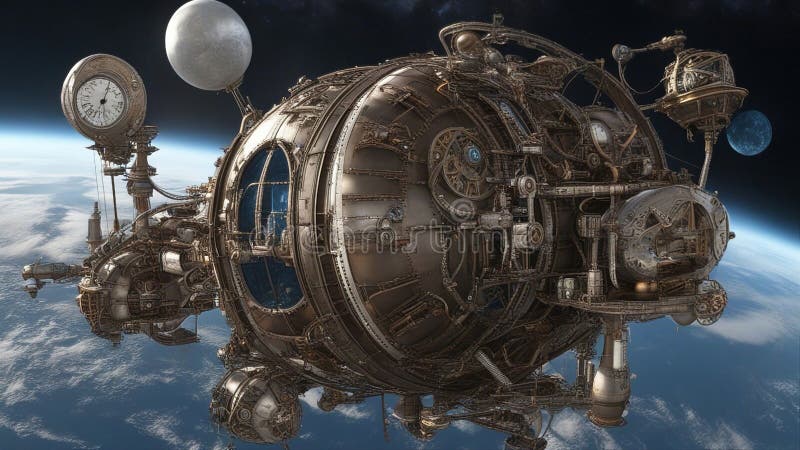 Spaceship and Moon a Steampunk Spacewalk in Outer Space Over the Planet ...