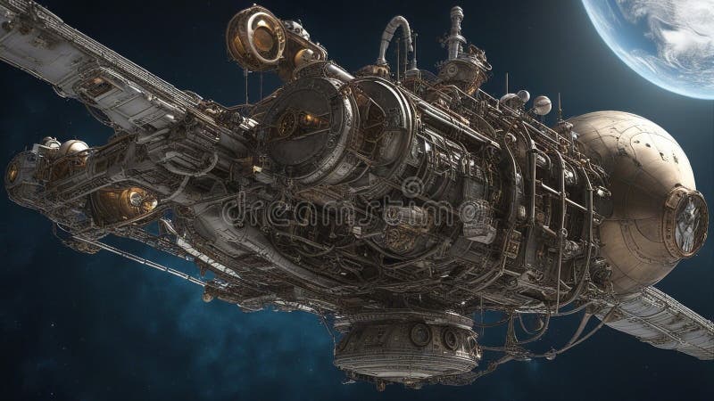 Spaceship and Moon Steampunk Spacewalk in Outer Space Over the Planet ...
