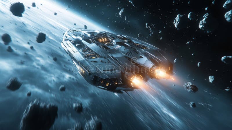 Spaceship Navigating through an Asteroid Belt in Deep Space Near a ...