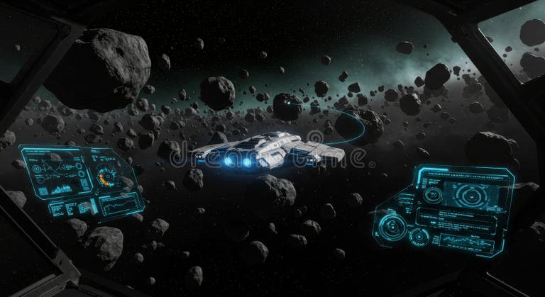 Spaceship Navigating Asteroid Field a Spaceship Cautiously Maneuvers through a Dense Asteroid ...