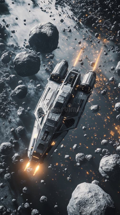 Spaceship Navigating Asteroid Field with Fiery Trails Stock Photo ...