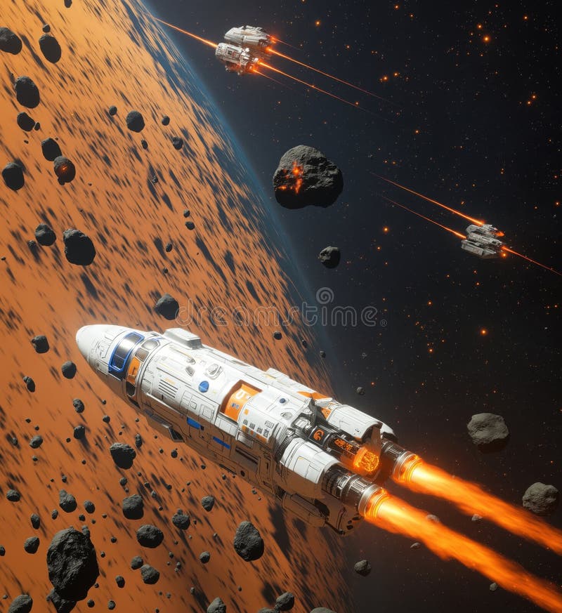 Spaceship Navigating Asteroid Field with Two Ships in Pursuit in Deep ...